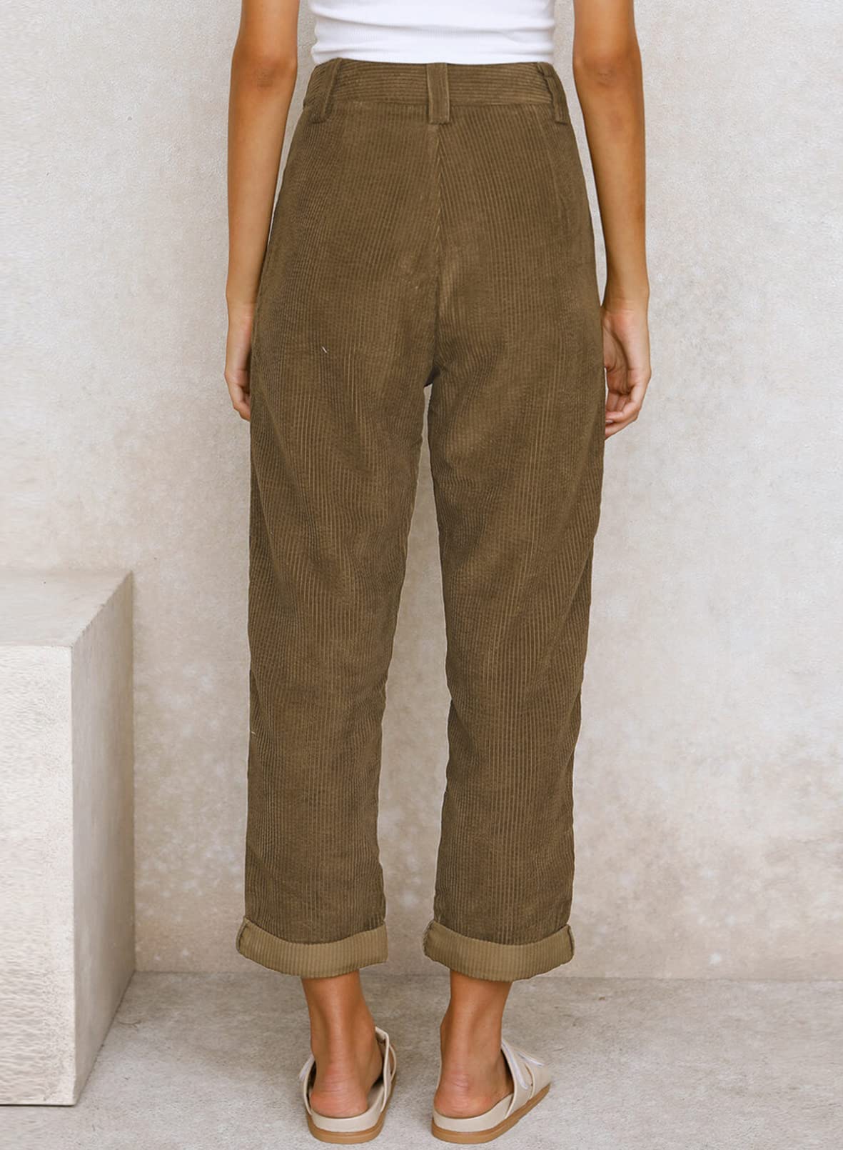 Acelitt Women's Corduroy Pants Trousers High Waisted 2024 Casual Trendy Comfy Fall Straight Leg Cropped Pants Brown Large