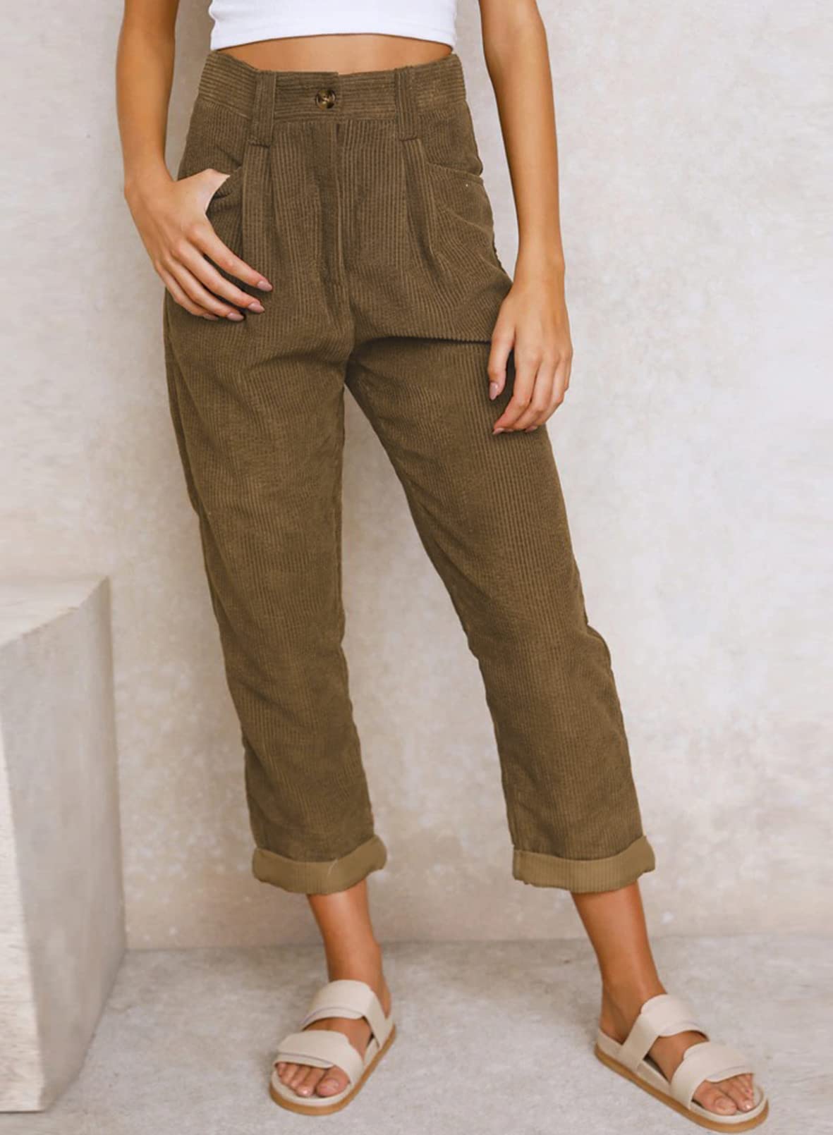 Acelitt Women's Corduroy Pants Trousers High Waisted 2024 Casual Trendy Comfy Fall Straight Leg Cropped Pants Brown Large
