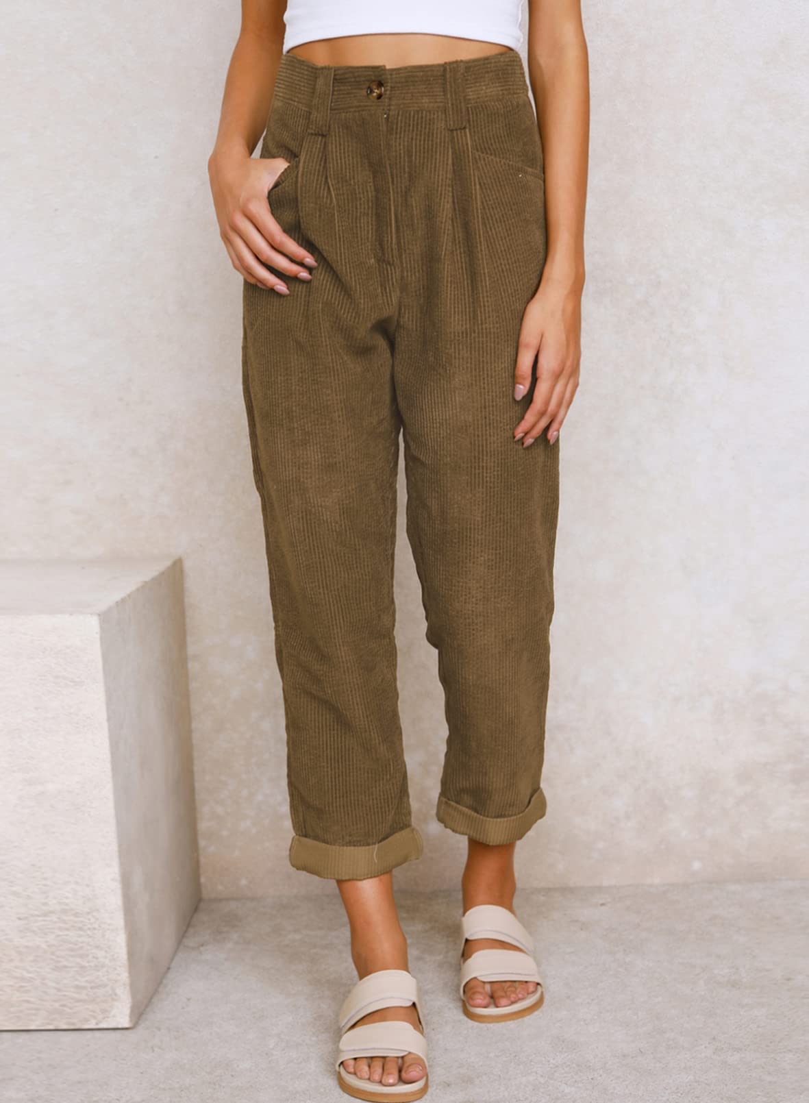 Acelitt Women's Corduroy Pants Trousers High Waisted 2024 Casual Trendy Comfy Fall Straight Leg Cropped Pants Brown Large