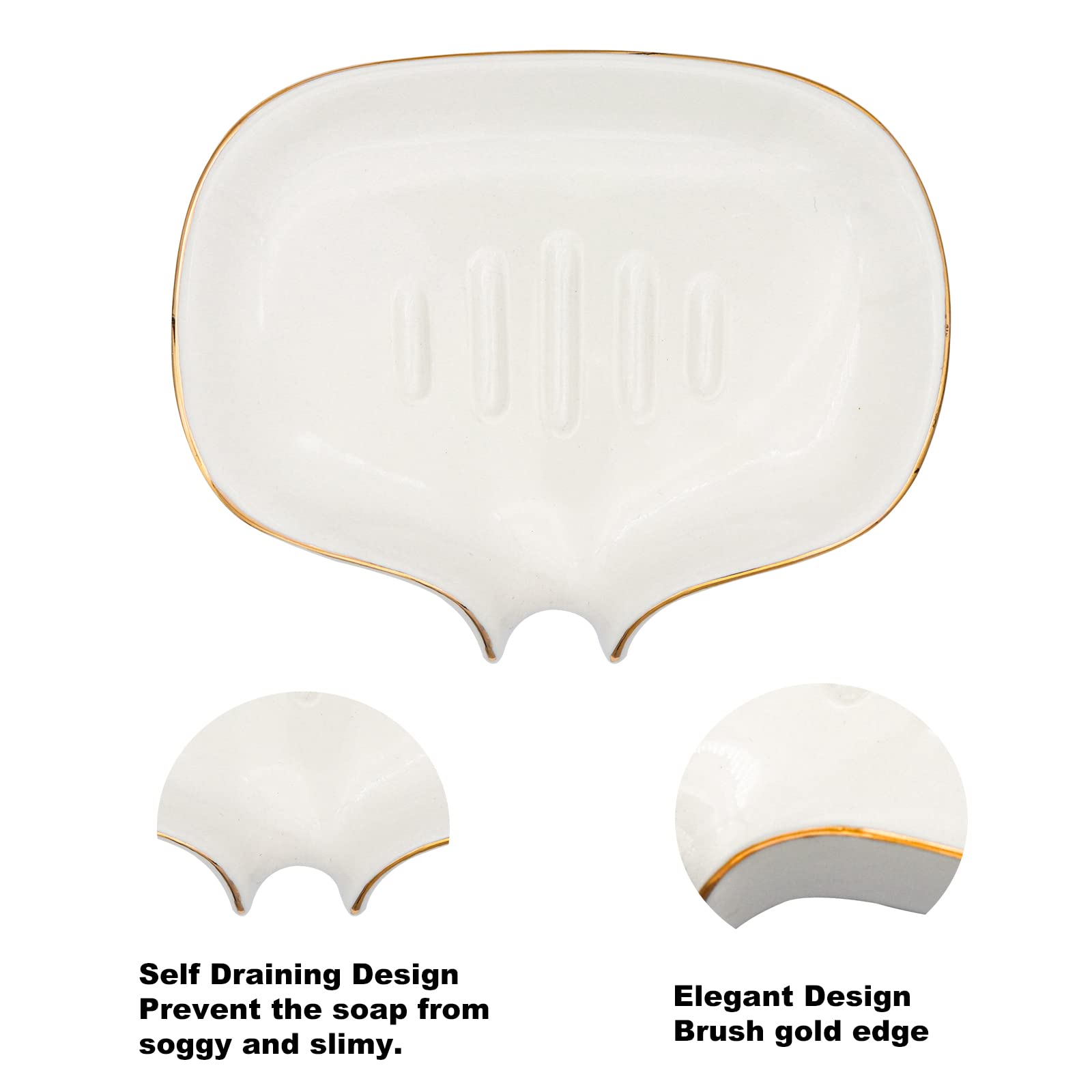 Polyroyal White Soap Dish Ceramic Self Draining Soap Dish Waterfall Slot Gold Edge Bathroom Accessories for Bathroom, Kitchen,Bar Counter