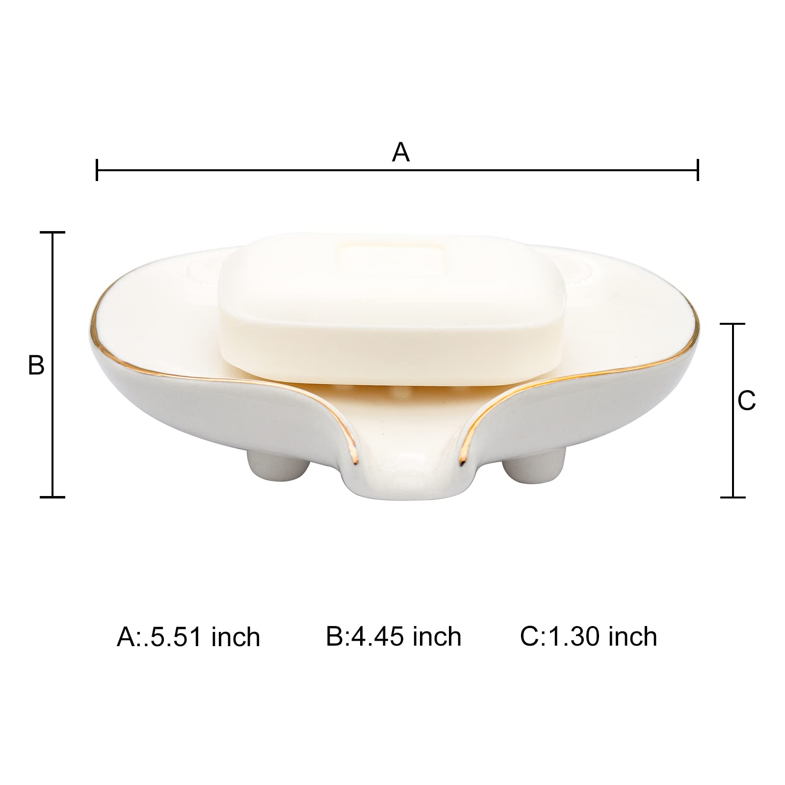 Polyroyal White Soap Dish Ceramic Self Draining Soap Dish Waterfall Slot Gold Edge Bathroom Accessories for Bathroom, Kitchen,Bar Counter