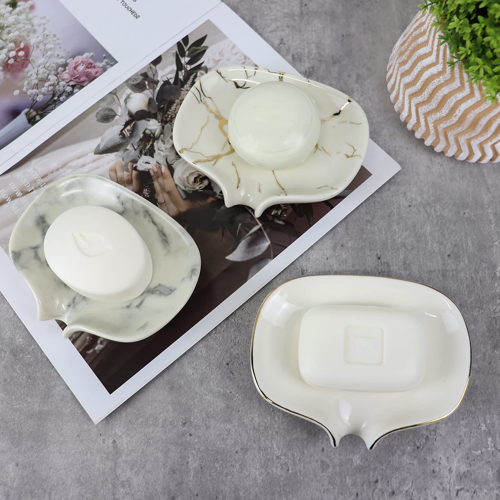Polyroyal White Soap Dish Ceramic Self Draining Soap Dish Waterfall Slot Gold Edge Bathroom Accessories for Bathroom, Kitchen,Bar Counter