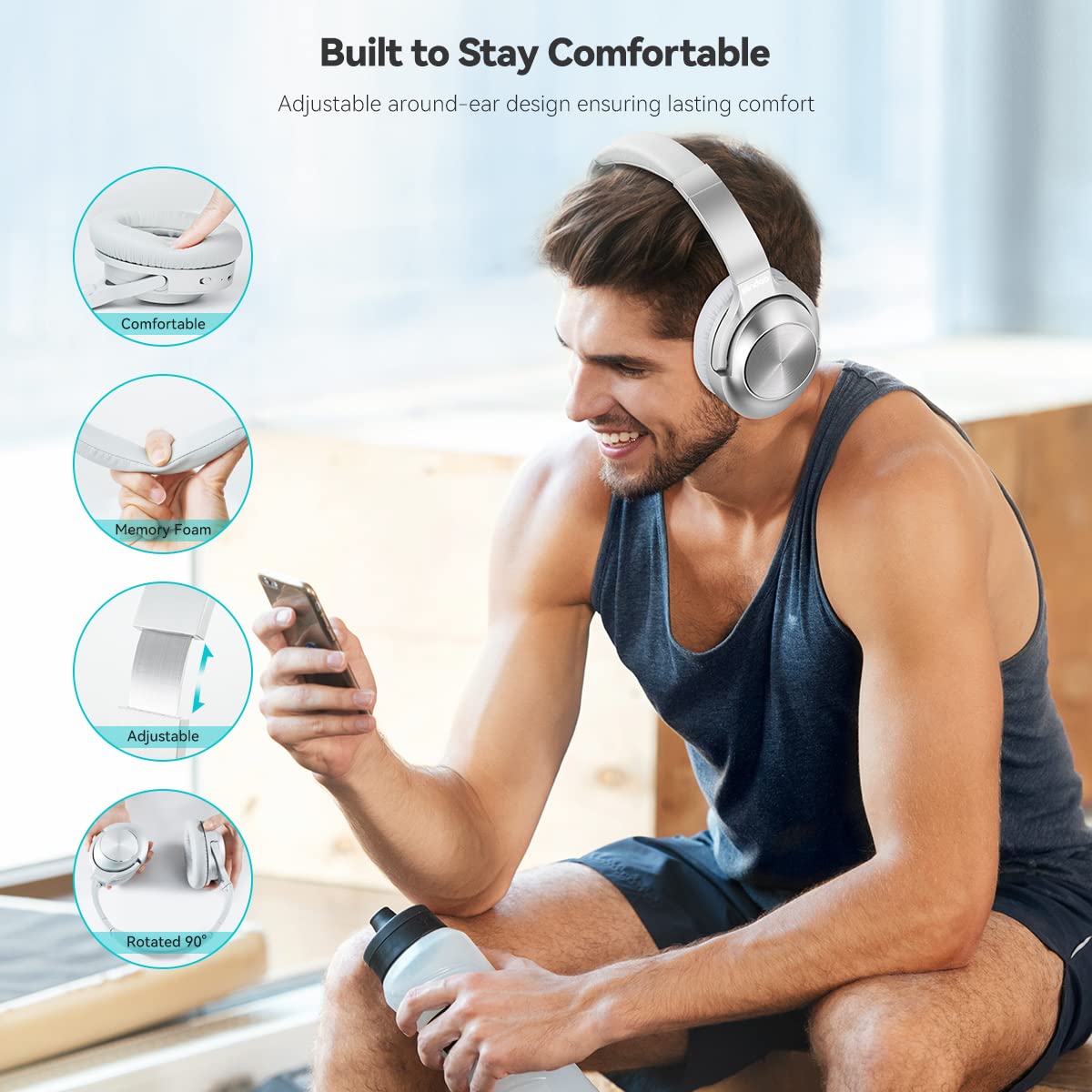 Siindoo Active Noise Cancelling Headphones, Wireless Over Ear Bluetooth Headphones with Microphone, HiFi Audio,40H Playtime, Deep Bass for PC TV, for Home, Work, Travel
