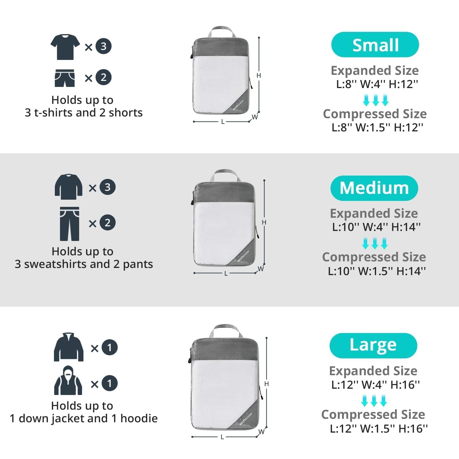 NICOSHOW 7 Set Compression Packing Cubes for Travel - Compressible, Lightweight, and Space-Saving Packing Cubes, Travel Essentials for Women, Grey