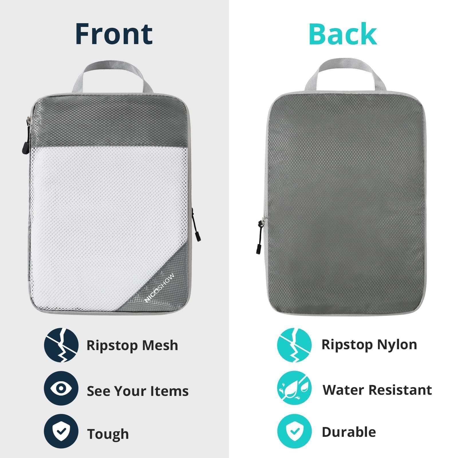 NICOSHOW 7 Set Compression Packing Cubes for Travel - Compressible, Lightweight, and Space-Saving Packing Cubes, Travel Essentials for Women, Grey