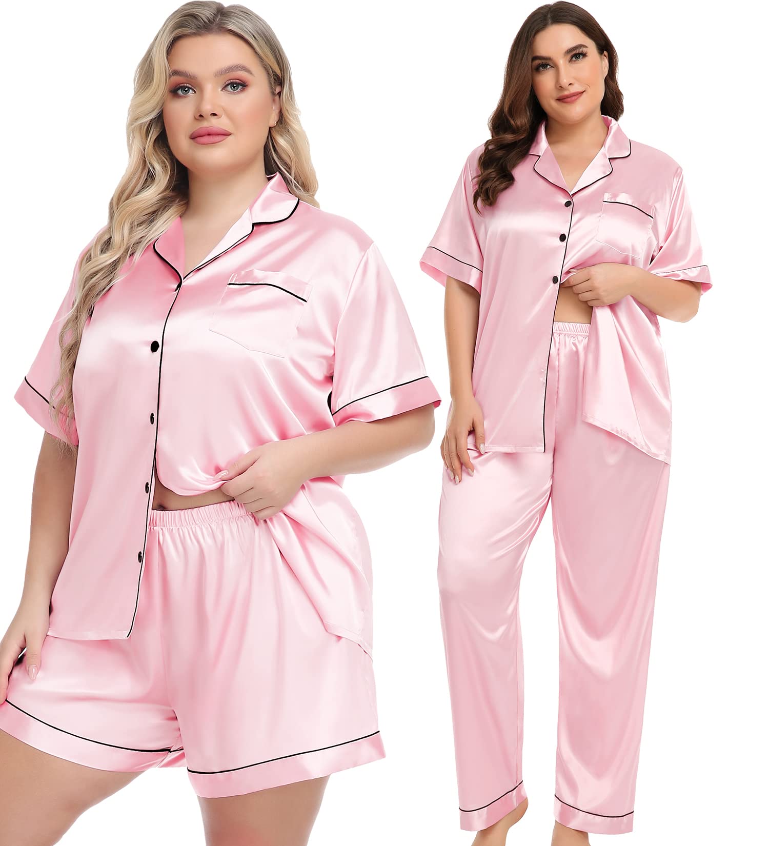 SWOMOG Silk Satin Pajama Set for Plus Size Women Button-Down Loose Bride Pajamas Pink Sleepwear and Loungewear Set 24W