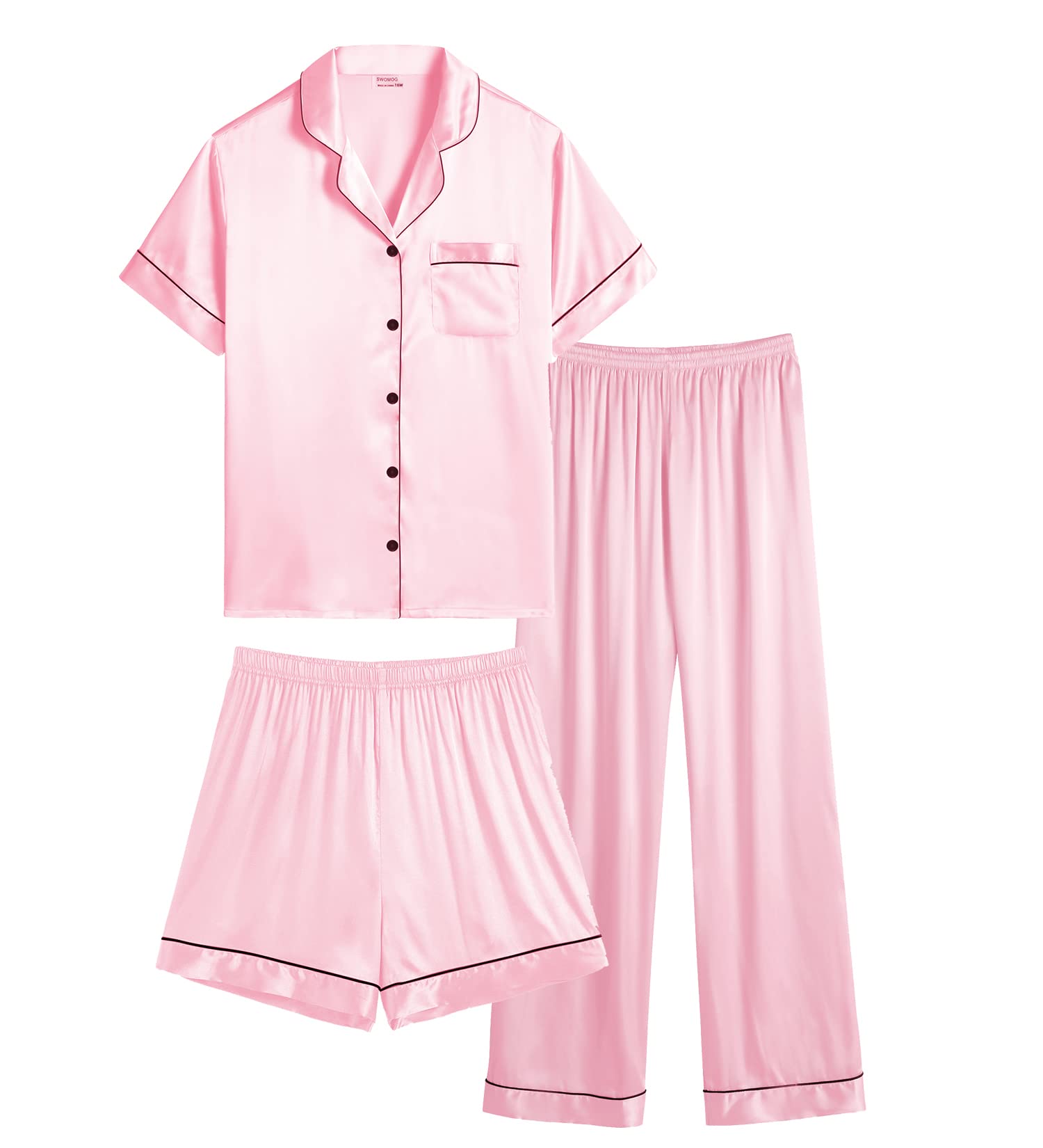 SWOMOG Silk Satin Pajama Set for Plus Size Women Button-Down Loose Bride Pajamas Pink Sleepwear and Loungewear Set 24W