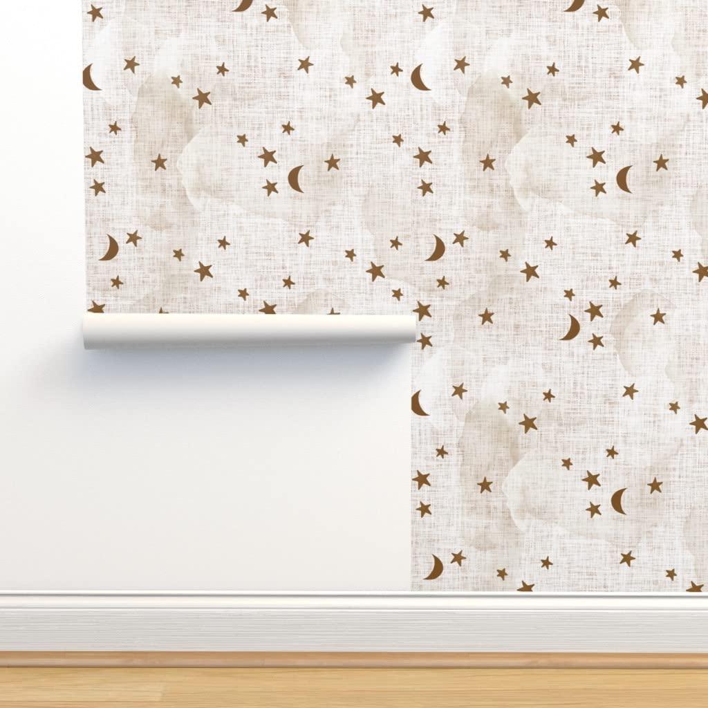 Peel & Stick Wallpaper Swatch - Dark Gold Stars Moon Night Sky Celestial Brown Copper Taupe Custom Removable Wallpaper by Spoonflower