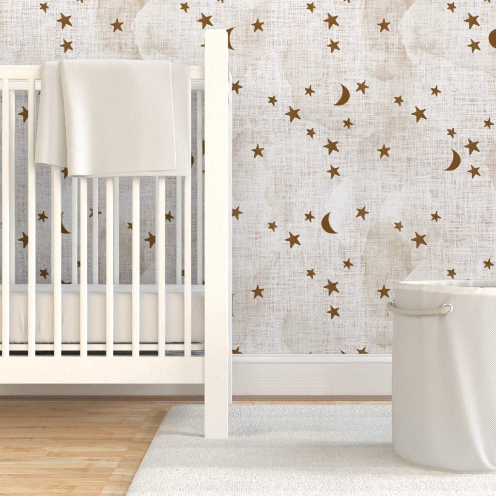 Peel & Stick Wallpaper Swatch - Dark Gold Stars Moon Night Sky Celestial Brown Copper Taupe Custom Removable Wallpaper by Spoonflower