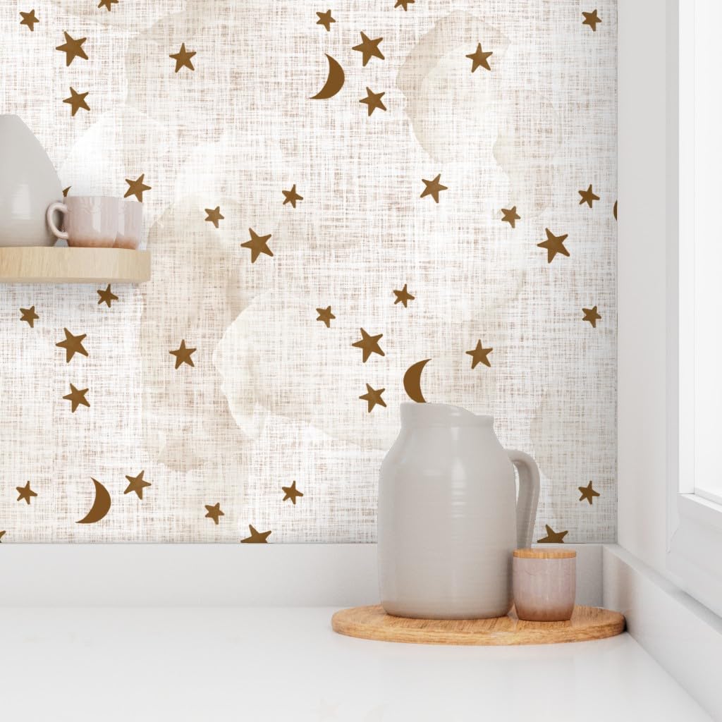 Peel & Stick Wallpaper Swatch - Dark Gold Stars Moon Night Sky Celestial Brown Copper Taupe Custom Removable Wallpaper by Spoonflower