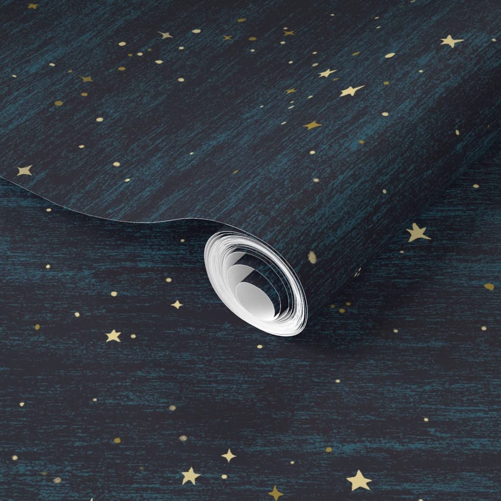 Removable Wallpaper Swatch - Night Sky Stars Midnight Blue Turquoise Nursery Hand Drawn Dark Cosmos Custom Pre-Pasted Wallpaper by Spoonflower