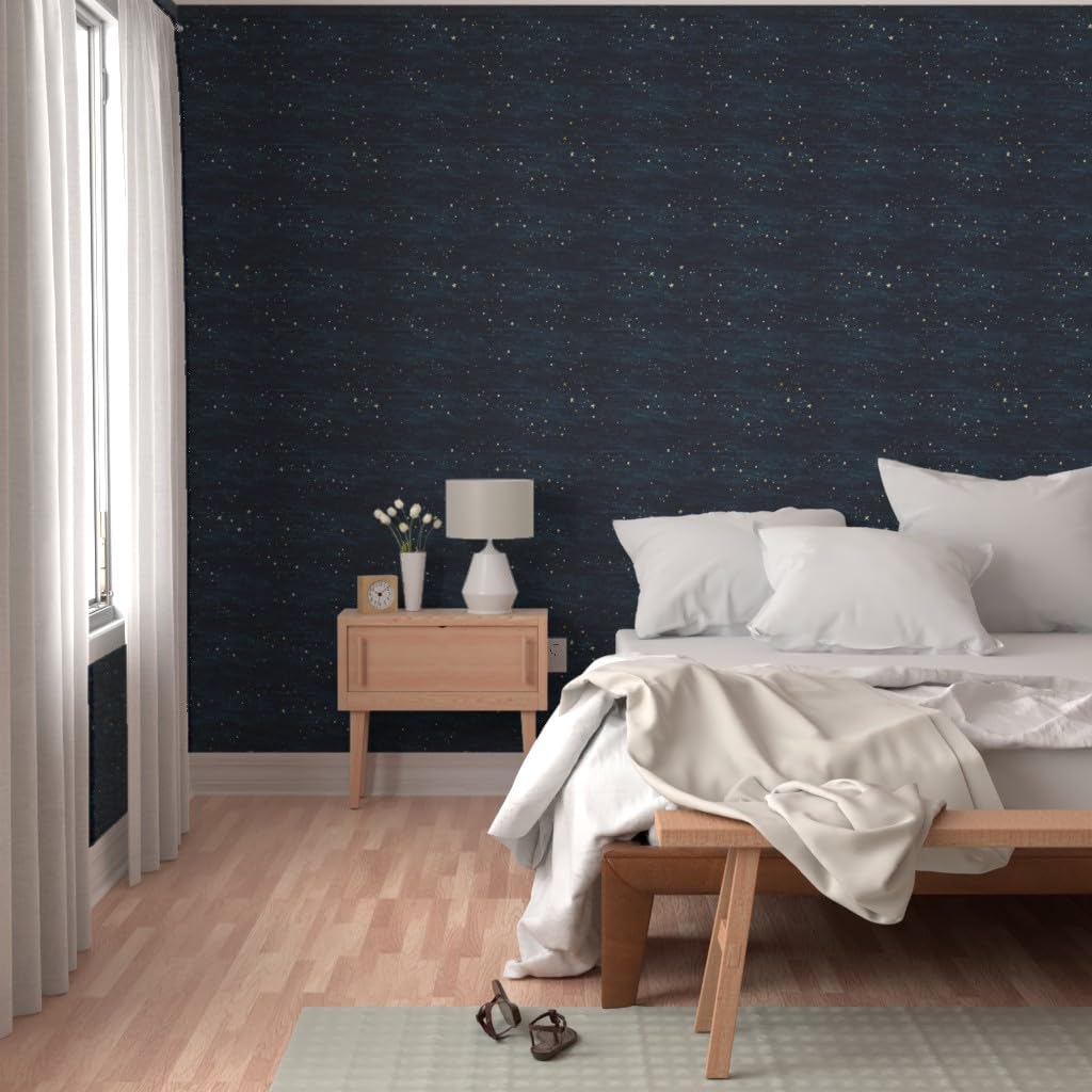 Removable Wallpaper Swatch - Night Sky Stars Midnight Blue Turquoise Nursery Hand Drawn Dark Cosmos Custom Pre-Pasted Wallpaper by Spoonflower