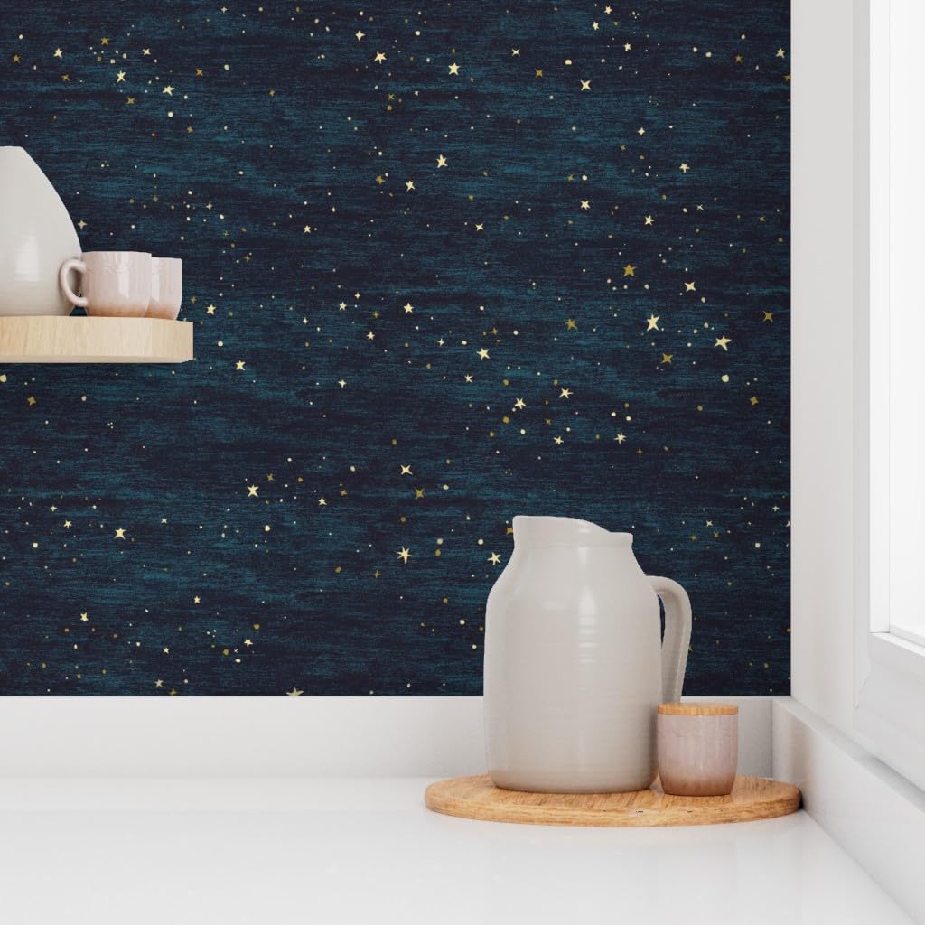 Removable Wallpaper Swatch - Night Sky Stars Midnight Blue Turquoise Nursery Hand Drawn Dark Cosmos Custom Pre-Pasted Wallpaper by Spoonflower