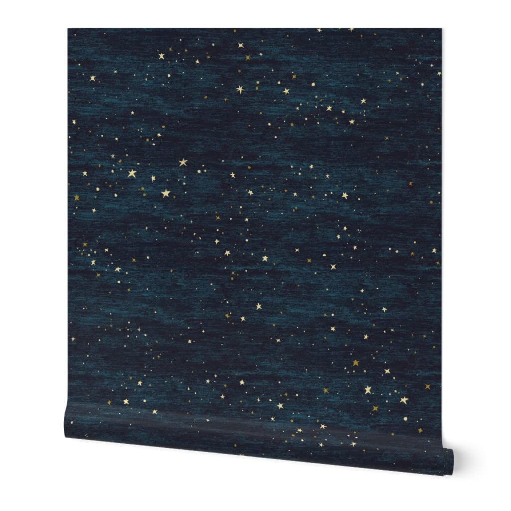 Removable Wallpaper Swatch - Night Sky Stars Midnight Blue Turquoise Nursery Hand Drawn Dark Cosmos Custom Pre-Pasted Wallpaper by Spoonflower