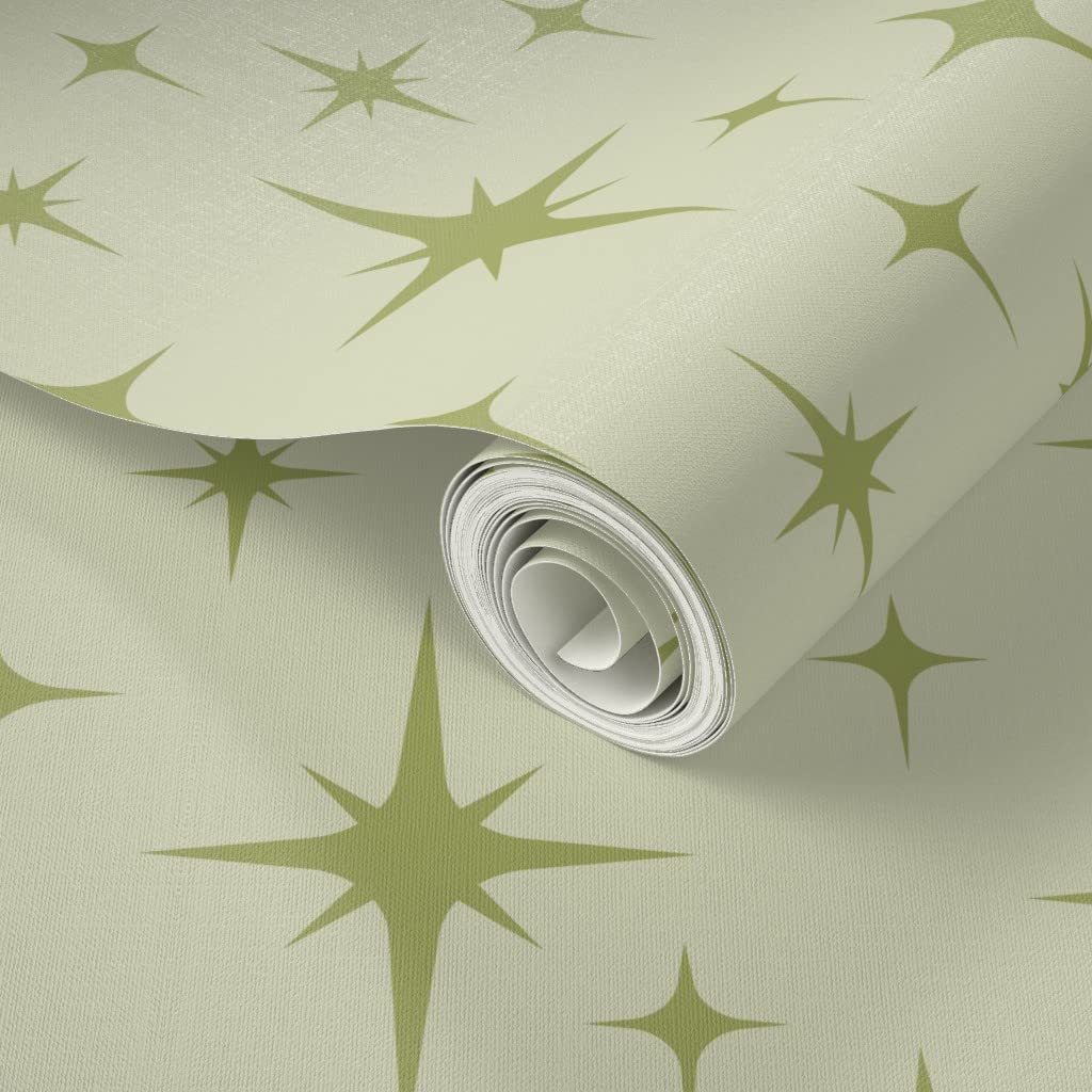 Peel & Stick Wallpaper Swatch - Atomic Age Green Vintage Star Retro Midcentury Modern 1950S Space Custom Removable Wallpaper by Spoonflower