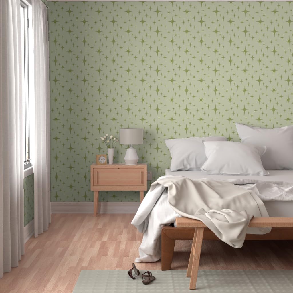 Peel & Stick Wallpaper Swatch - Atomic Age Green Vintage Star Retro Midcentury Modern 1950S Space Custom Removable Wallpaper by Spoonflower