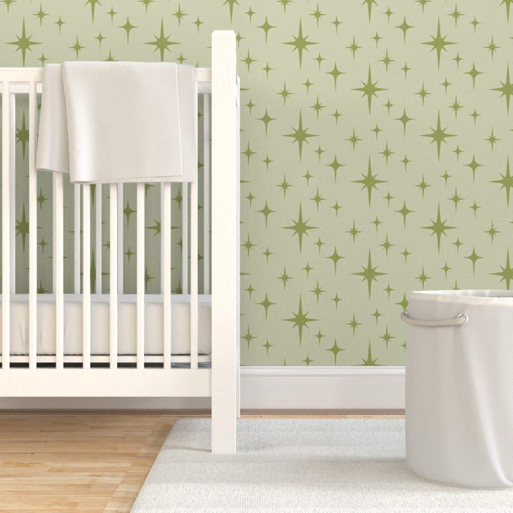Peel & Stick Wallpaper Swatch - Atomic Age Green Vintage Star Retro Midcentury Modern 1950S Space Custom Removable Wallpaper by Spoonflower