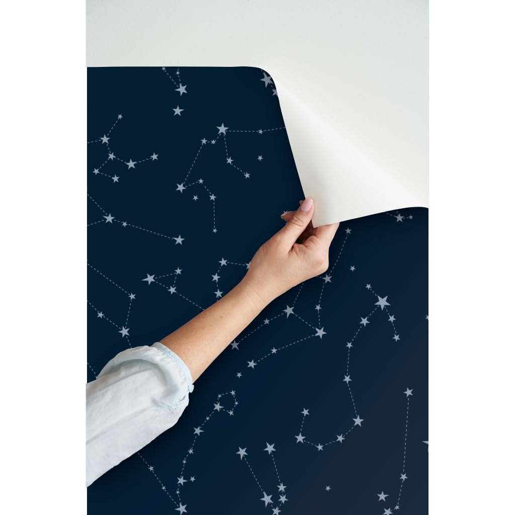Peel & Stick Wallpaper Swatch - Zodiac Stars Astrology Navy Blue Constellations Night Sky Star Map Custom Removable Wallpaper by Spoonflower
