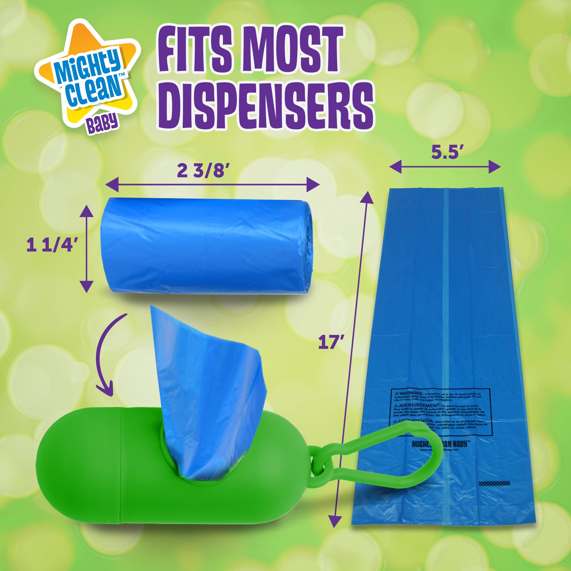 Mighty Clean Baby Disposable Diaper Bag Refill Rolls - Waste Sacks with Light Powder Scent - 144 Count