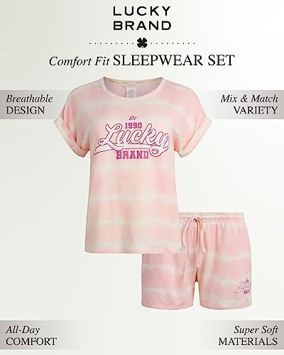 Lucky Brand Women's Pajama Set - Roll Sleeve T-Shirt and Shorts - Sleepwear for Women (S-XL), Size Medium, Pink Tie Dye