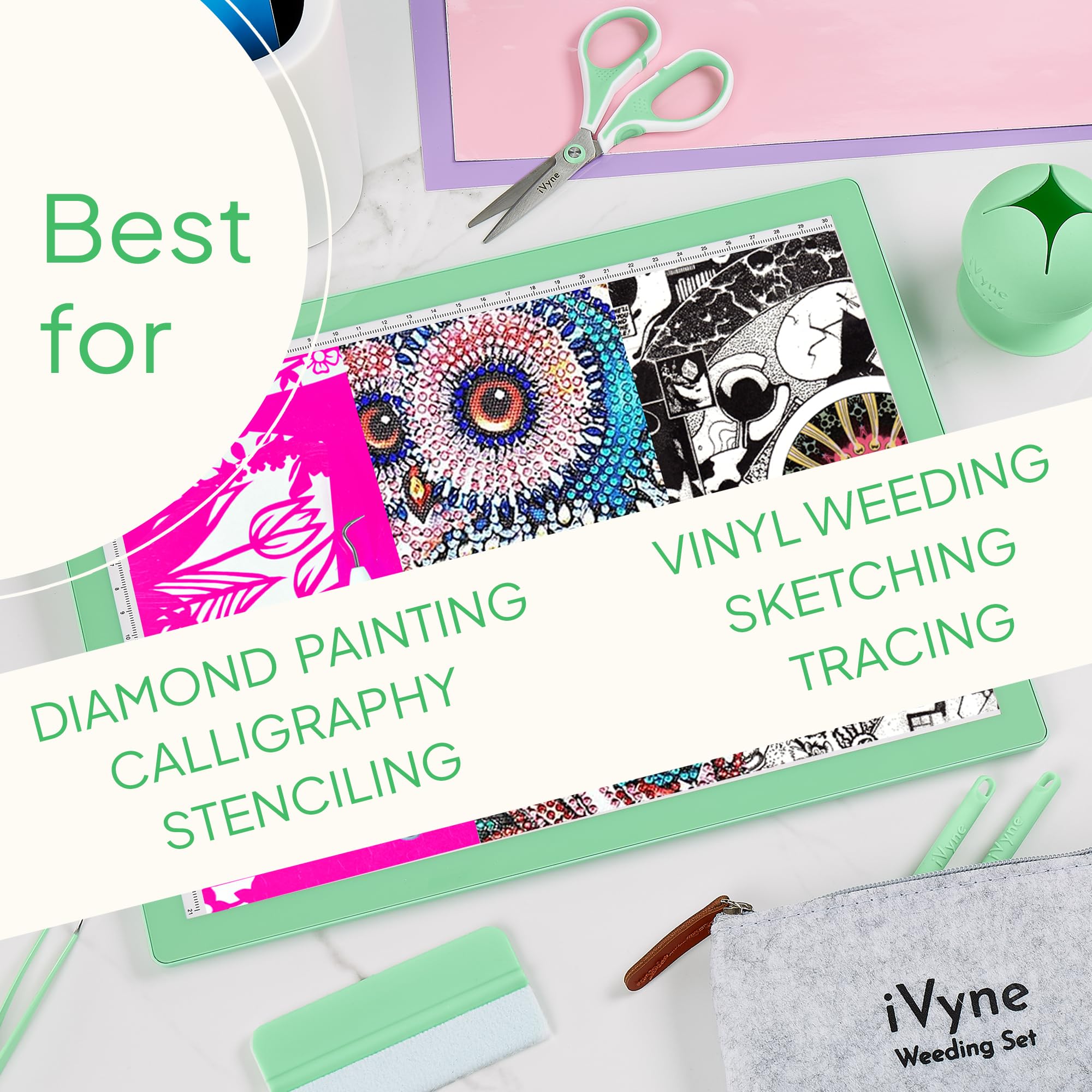 iVyne Corded Light Pad for Weeding Vinyl & Diamond Painting - A4 Light Box for Sketching & Tracing (Green)