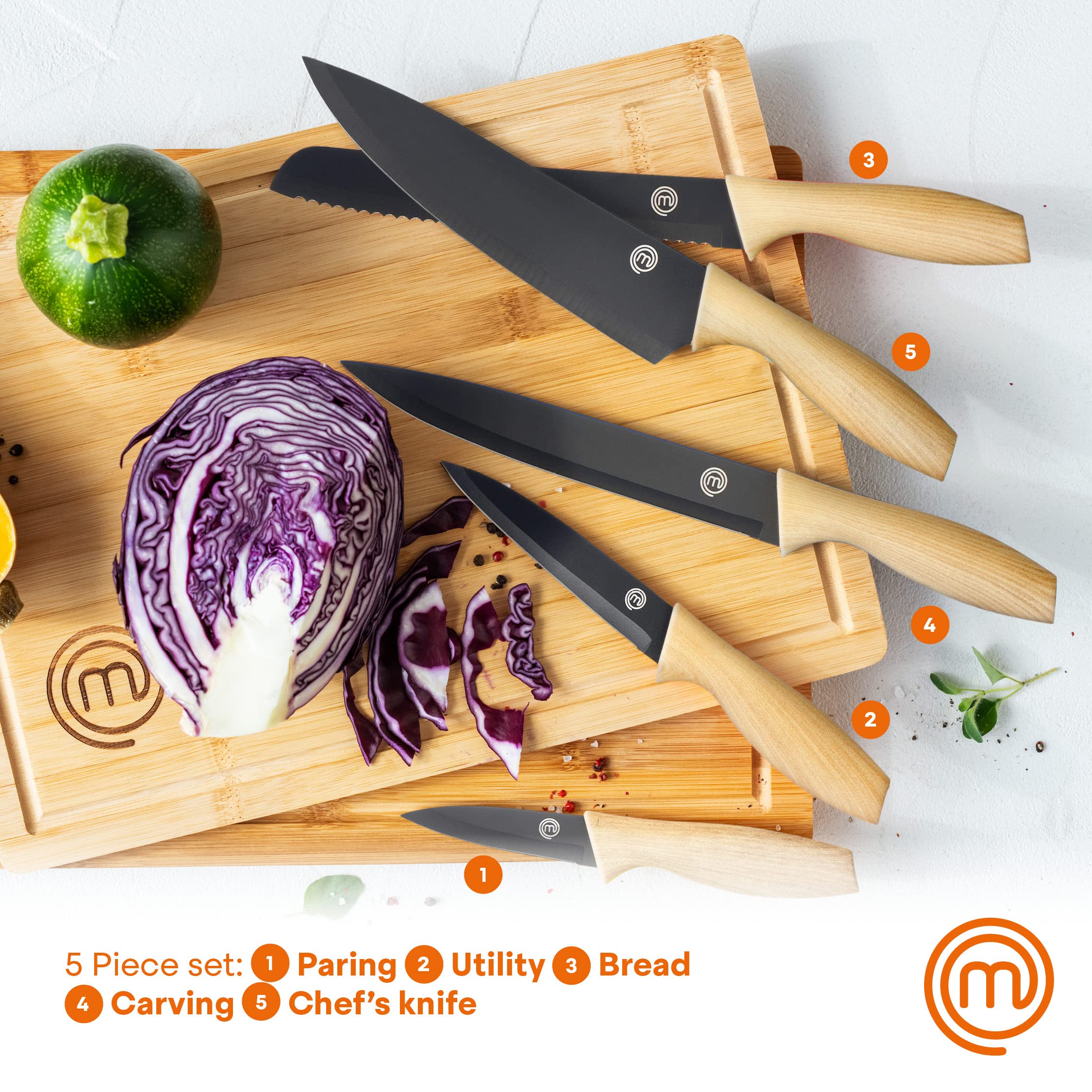 MasterChef Knife Set of 5 Kitchen Knives for Cooking (Paring, Utility, Bread, Carving & Chef Knives), Professional Sharp Stainless Steel, Non Stick Blades & Soft Touch Handles, Natural, 5 Piece