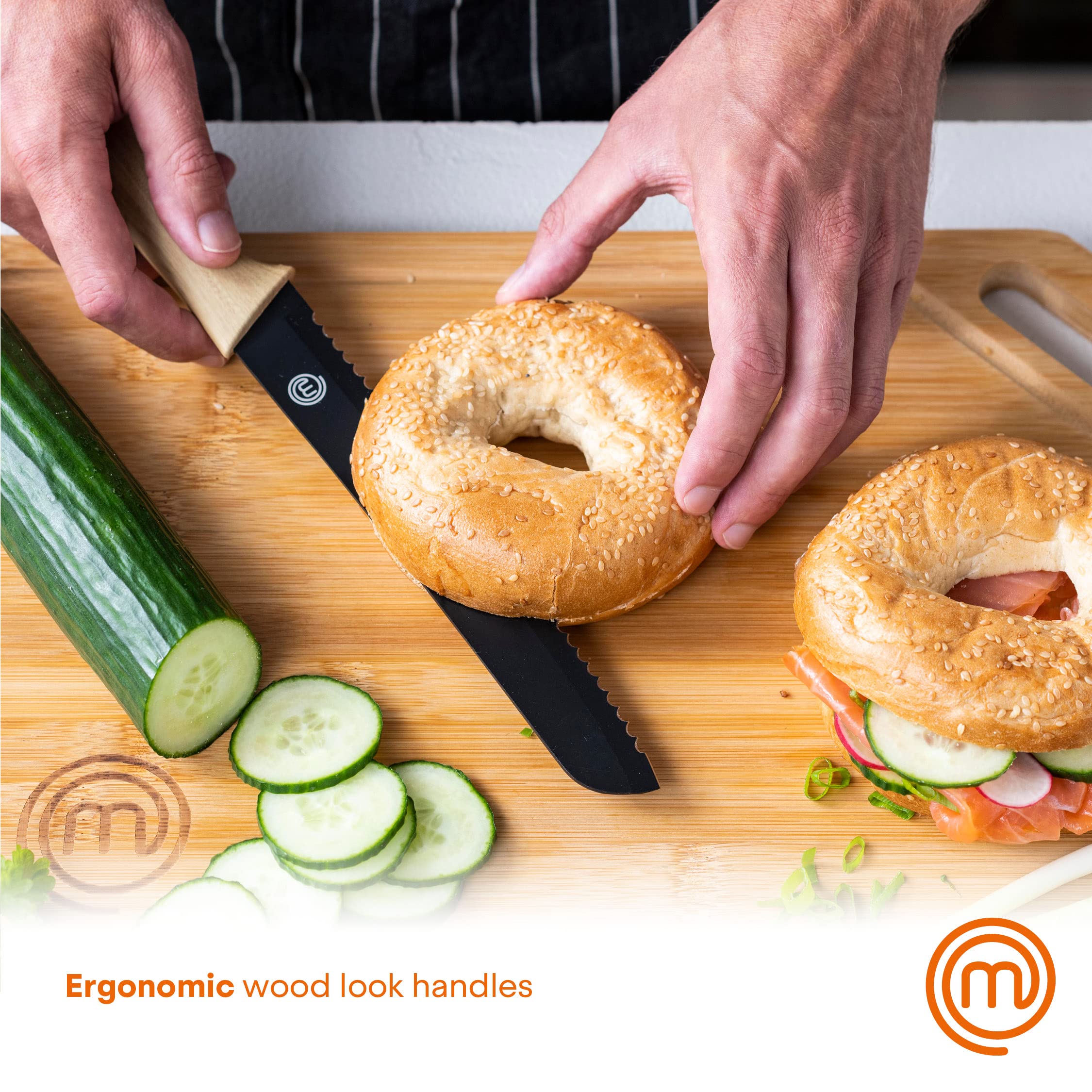 MasterChef Knife Set of 5 Kitchen Knives for Cooking (Paring, Utility, Bread, Carving & Chef Knives), Professional Sharp Stainless Steel, Non Stick Blades & Soft Touch Handles, Natural, 5 Piece