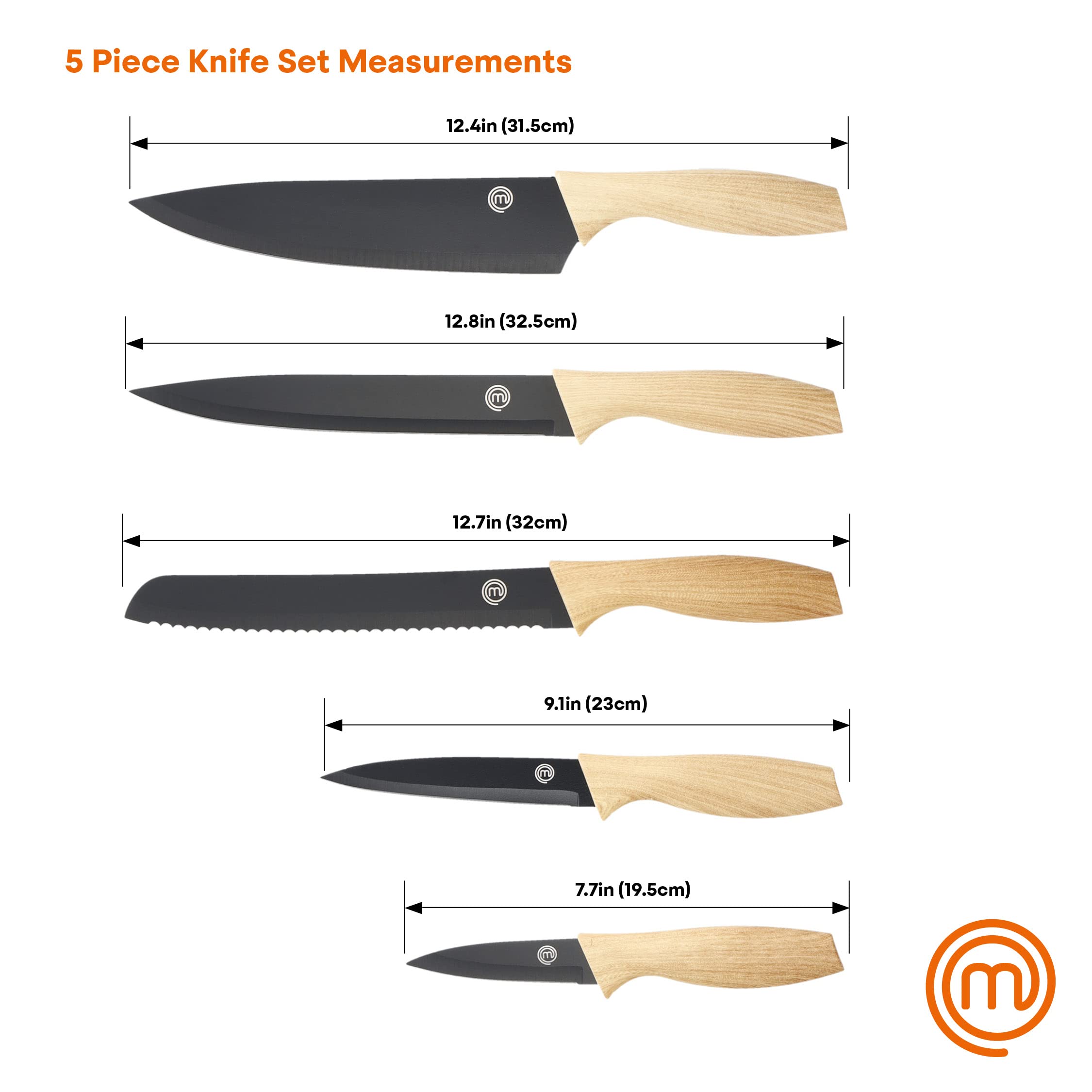 MasterChef Knife Set of 5 Kitchen Knives for Cooking (Paring, Utility, Bread, Carving & Chef Knives), Professional Sharp Stainless Steel, Non Stick Blades & Soft Touch Handles, Natural, 5 Piece