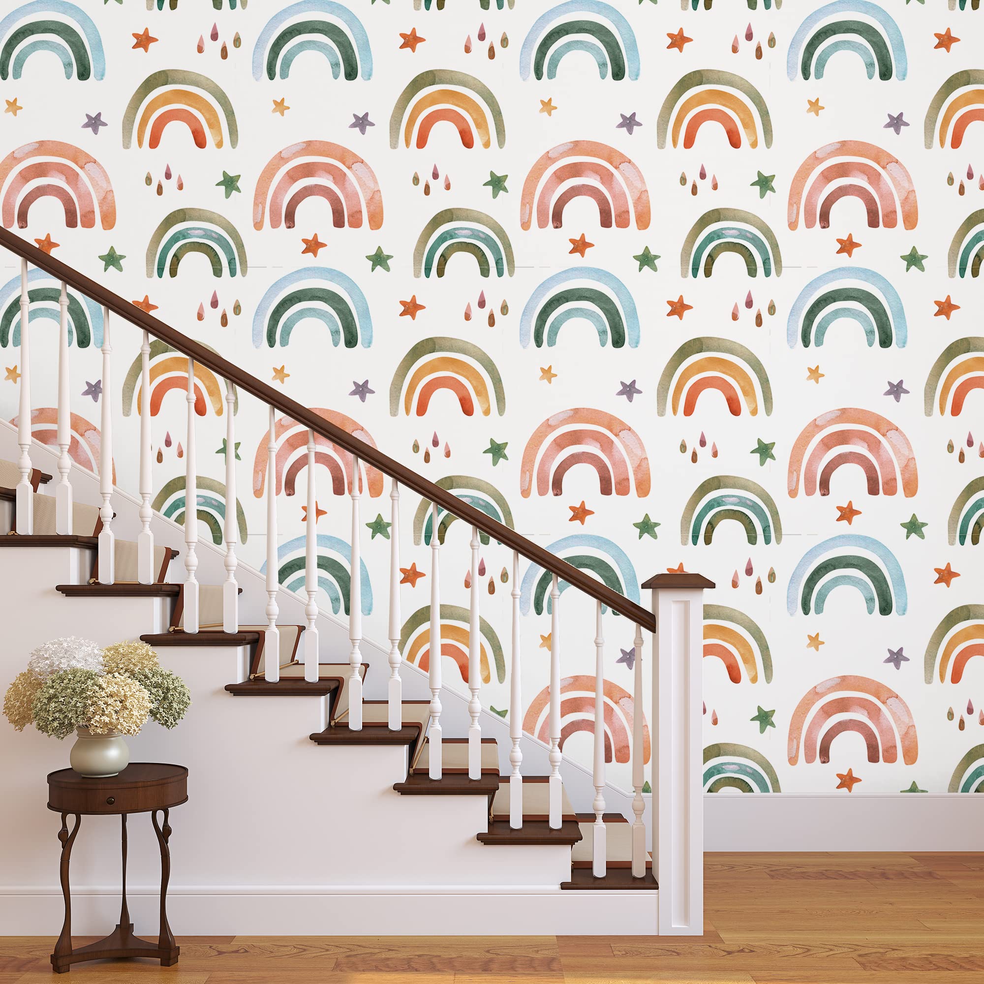 AMAZING WALL Home Peel and Stick Boho Watercolor Rainbow Stars Printed Living Room Pattern Wallpaper Self Adhesive Bedroom