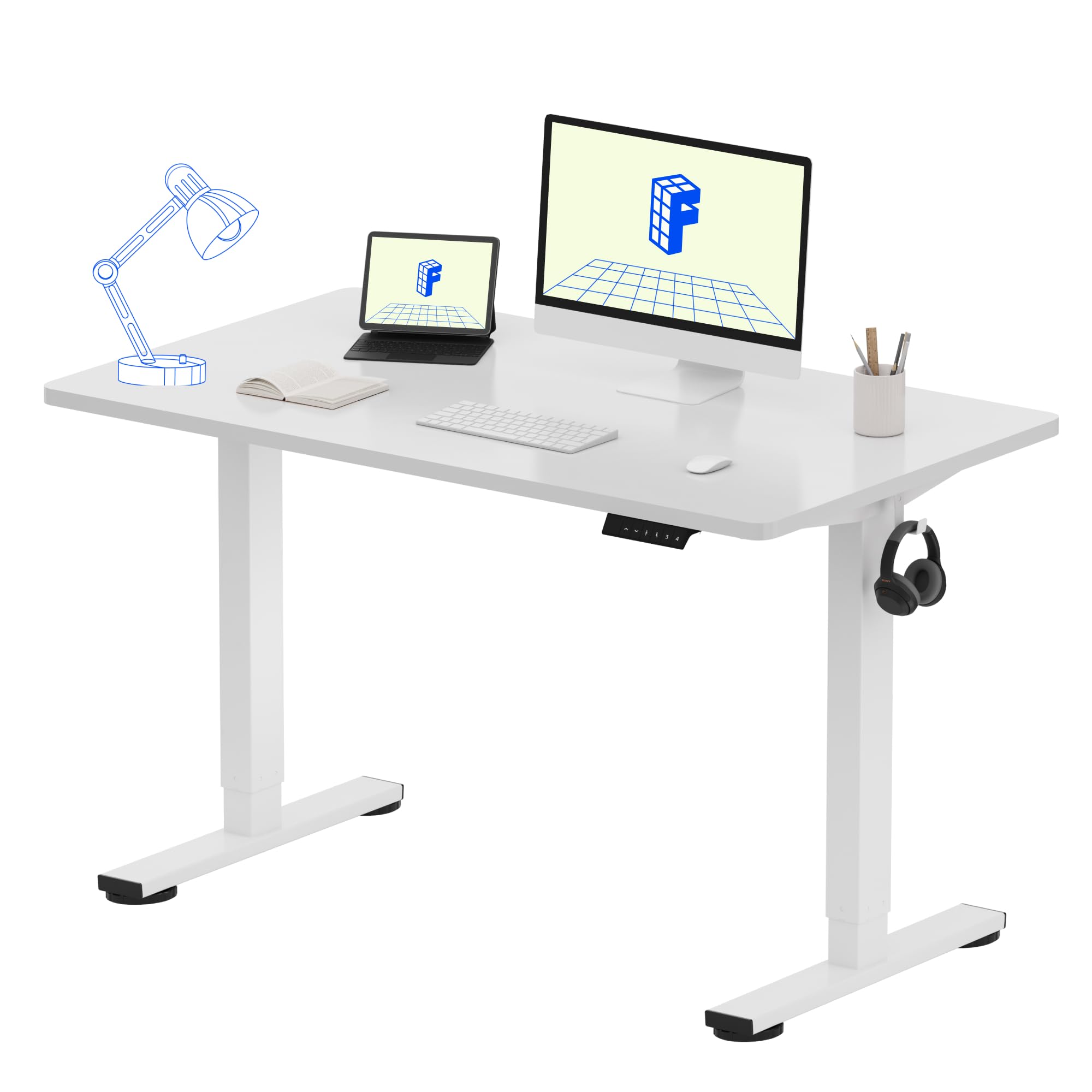 FLEXISPOT EN1 One-Piece Standing Desk 48 x 24 Inches Height Adjustable Desk Electric Sit Stand Up Desk Home Office Desks Computer Workstation (White Frame + White Desktop)
