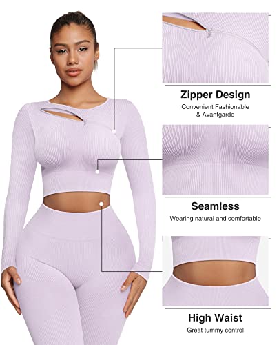 FeelinGirl Women's Seamless 2 Pieces Yoga Outfits Workout Long Sleeve Active Wear Crop Top High Waist Yoga Legging Sets Lilac S