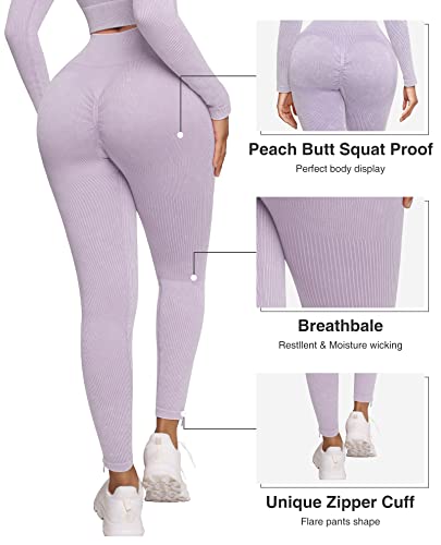 FeelinGirl Women's Seamless 2 Pieces Yoga Outfits Workout Long Sleeve Active Wear Crop Top High Waist Yoga Legging Sets Lilac S