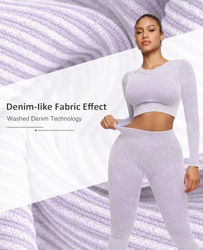 FeelinGirl Women's Seamless 2 Pieces Yoga Outfits Workout Long Sleeve Active Wear Crop Top High Waist Yoga Legging Sets Lilac S