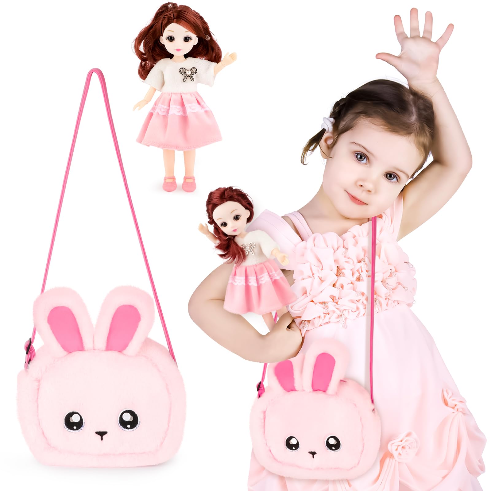 deAO Rabbit Bunny Plush Bag with 11.5" Fashion Doll, Cute Animal Backpack Cosmetic Purse Storage Bag, Doll with Fashion Plush Clothes Playset, Adjustable Strap Pink Fluffy Bunny Handbags for Girls