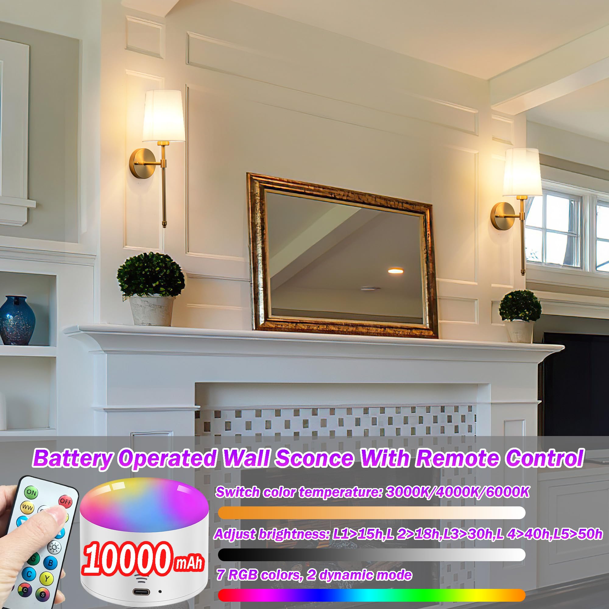 YHCDLAMP Battery Operated Wall Sconce Set of 2, Rechargeable Wall Sconce with 10000mAh Bulb and Remote Control, Up to 50 Hrs Use, RGB Dimmable Wireless Wall Lights for Living Room Bedroom Hallway