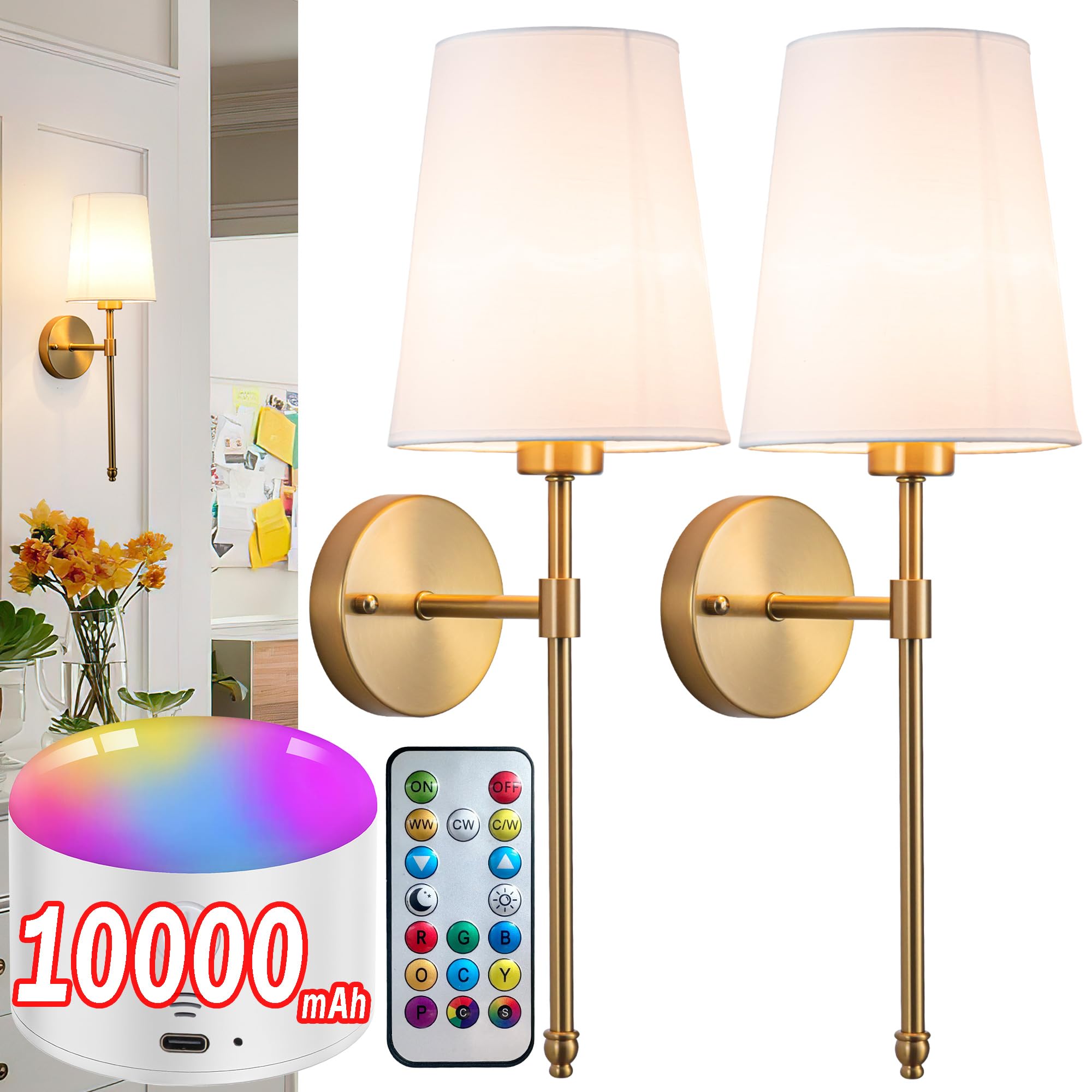YHCDLAMP Battery Operated Wall Sconce Set of 2, Rechargeable Wall Sconce with 10000mAh Bulb and Remote Control, Up to 50 Hrs Use, RGB Dimmable Wireless Wall Lights for Living Room Bedroom Hallway
