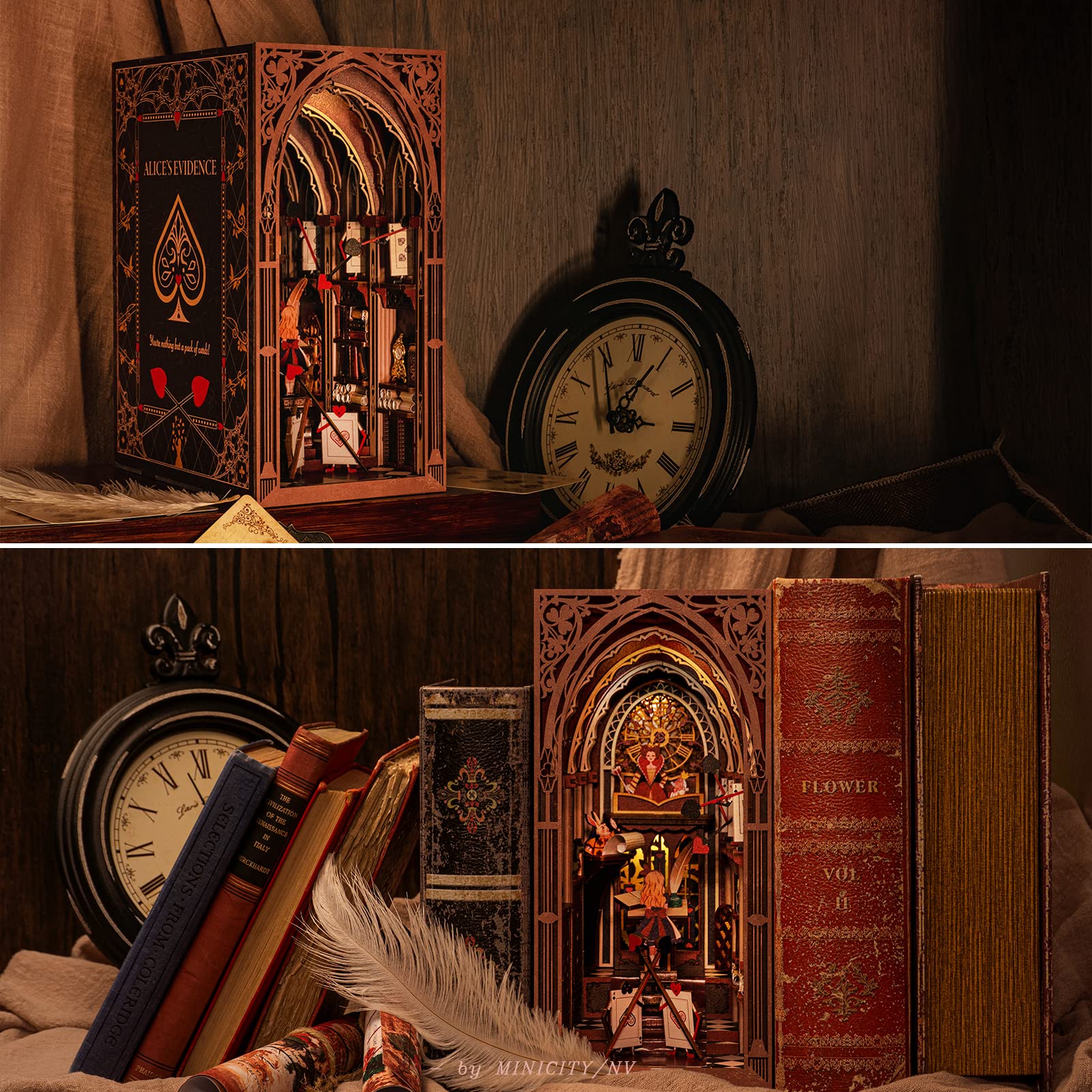 𝗠𝗶𝗻𝗶𝗖𝗶𝘁𝘆 Book Nook Kit, DIY Miniature Dollhouse Booknook Kit, 3D Wooden Puzzle Bookend Bookshelf Insert Decor with LED Light for Teens and Adults (Alice in Wonderland)