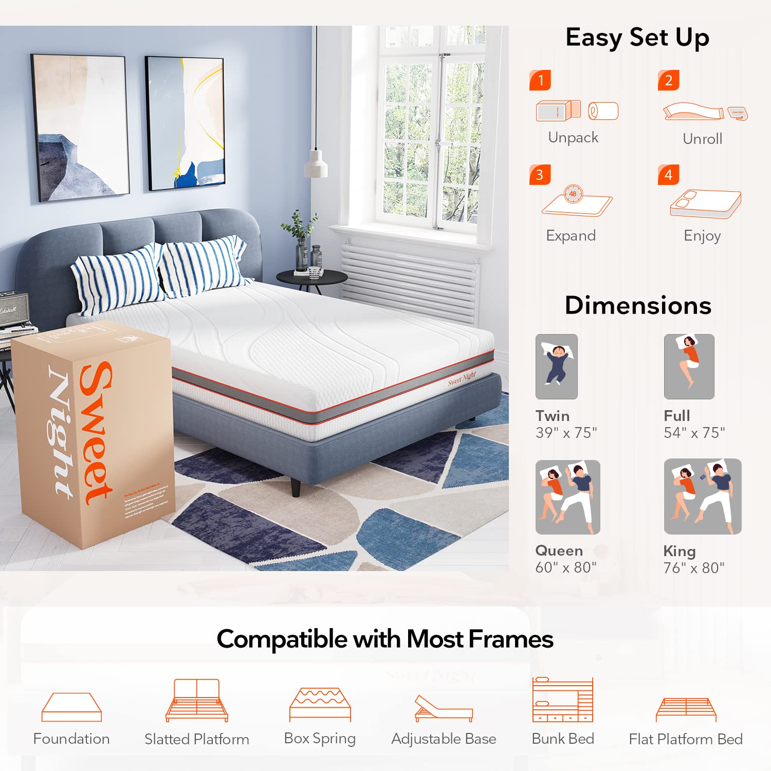 Sweetnight Full Size Mattress, 12 Inch Gel Memory Foam Mattress in a Box for Cooling Sleep, Flippable Mattress with Two Firmness Preference, Pressure Relieving, CertiPUR-US Certified, Gray+White