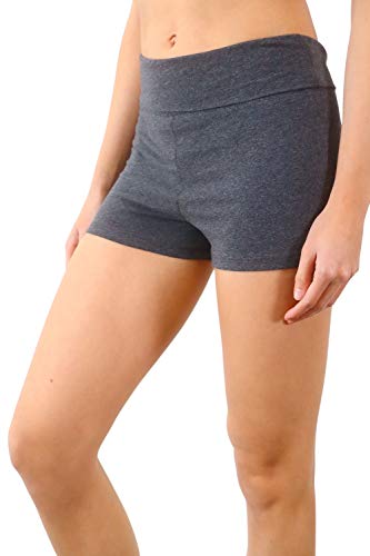 Pure Look Women’s 3-Pack Fold Over Waist Active Stretch Cotton Yoga Shorts, Large, Navy, Brown, Charcoal