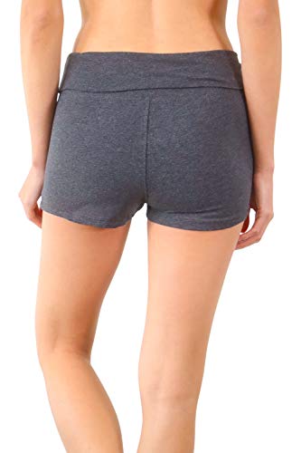 Pure Look Women’s 3-Pack Fold Over Waist Active Stretch Cotton Yoga Shorts, Large, Navy, Brown, Charcoal