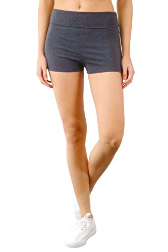 Pure Look Women’s 3-Pack Fold Over Waist Active Stretch Cotton Yoga Shorts, Large, Navy, Brown, Charcoal