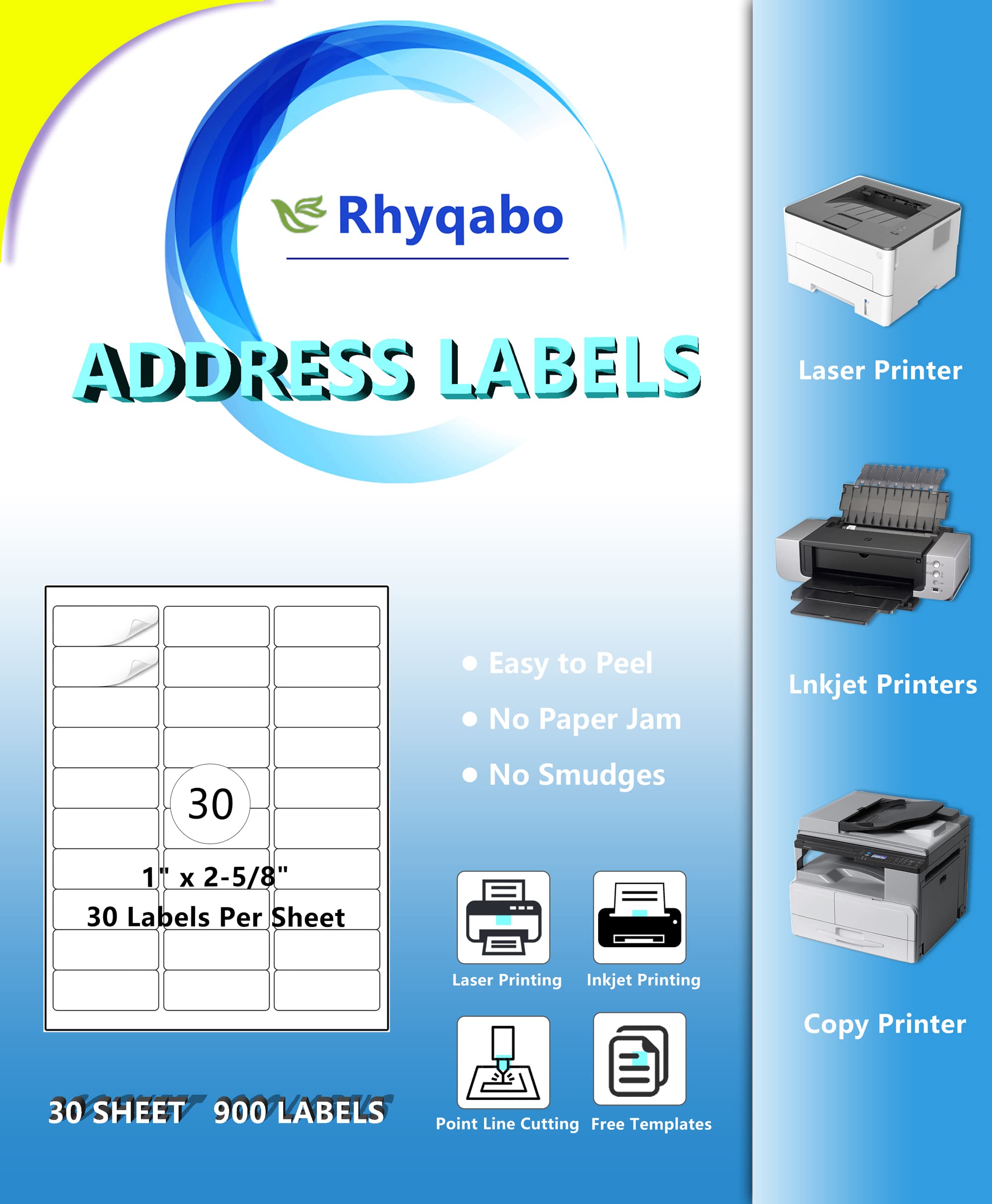 Rhyqabo 1" X 2-5/8" Address Labels Sticker,900 Labels Mailing Labels,for Laser and Inkjet Printers,Return Address Labels 8.5" × 11" White 30 Sheet,Strong Adhesive