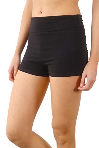 Pure Look Women’s 3-Pack Fold Over Waist Active Stretch Cotton Yoga Shorts, Large, Black, Black, Black