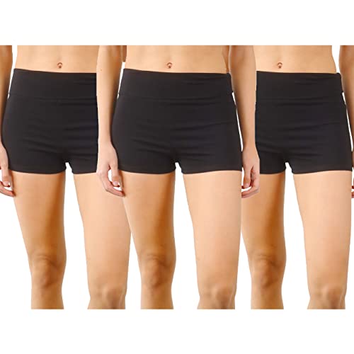Pure Look Women’s 3-Pack Fold Over Waist Active Stretch Cotton Yoga Shorts, Large, Black, Black, Black