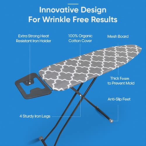TIDY ZEBRA Compact Ironing Board Full Size European Made β ULTRA THICK PADDED FOAM AVOIDS MOLD - Organic 100% Cotton Ironing Boards Covers - Sturdy Lightweight Iron table, Bonus Iron Board Cover 13x43
