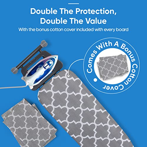 TIDY ZEBRA Compact Ironing Board Full Size European Made β ULTRA THICK PADDED FOAM AVOIDS MOLD - Organic 100% Cotton Ironing Boards Covers - Sturdy Lightweight Iron table, Bonus Iron Board Cover 13x43