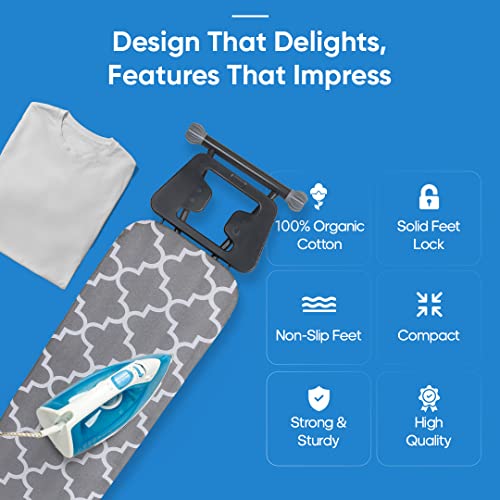 TIDY ZEBRA Compact Ironing Board Full Size European Made β ULTRA THICK PADDED FOAM AVOIDS MOLD - Organic 100% Cotton Ironing Boards Covers - Sturdy Lightweight Iron table, Bonus Iron Board Cover 13x43