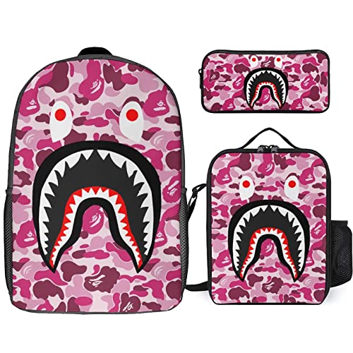 Shark Face Camo Pink Backpack Ba&p_e 3 Piece Set with Lunch Box Pencil Case Laptop Daypack Bookbag for School Travel