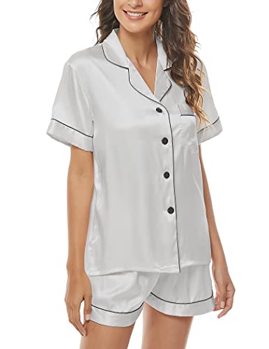 Eilshoji Pajamas for Women Shorts Set, 2 Piece Satin Silk Sleepwear Pj Lounge Sets (White,XL)