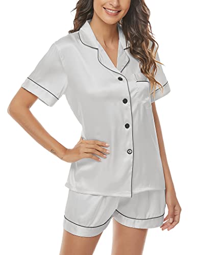 Eilshoji Pajamas for Women Shorts Set, 2 Piece Satin Silk Sleepwear Pj Lounge Sets (White,XL)